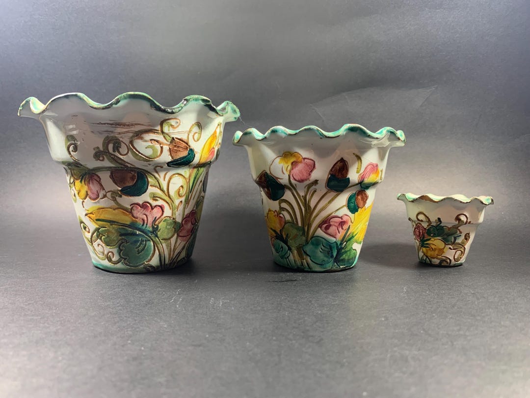 Vintage Italian Hand Painted Floral Flower Pots – Set of 3 - 4”, 3”, 1. ...