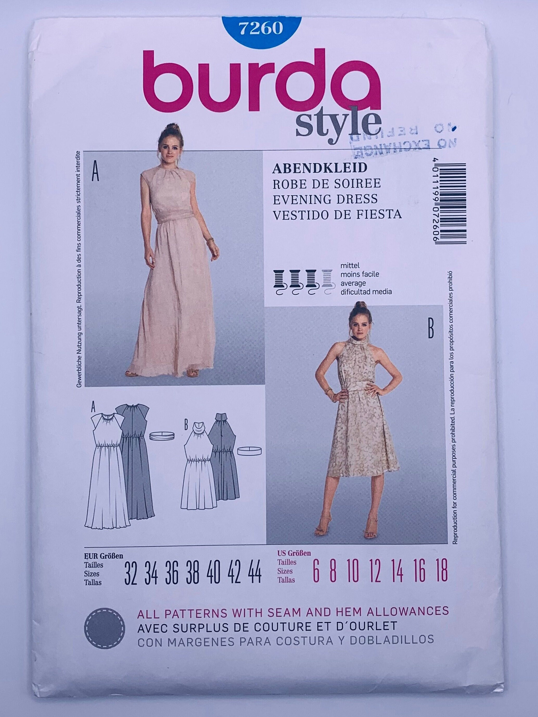 Burda Style Evening Dress Sewing Pattern 7260 Sizes 6-8-10-14-18-16 EUR ...