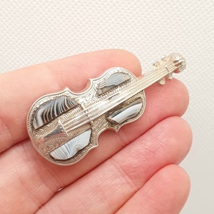 Antique Victorian Solid Silver Violin Brooch Blue Lace Agate Scottish ...