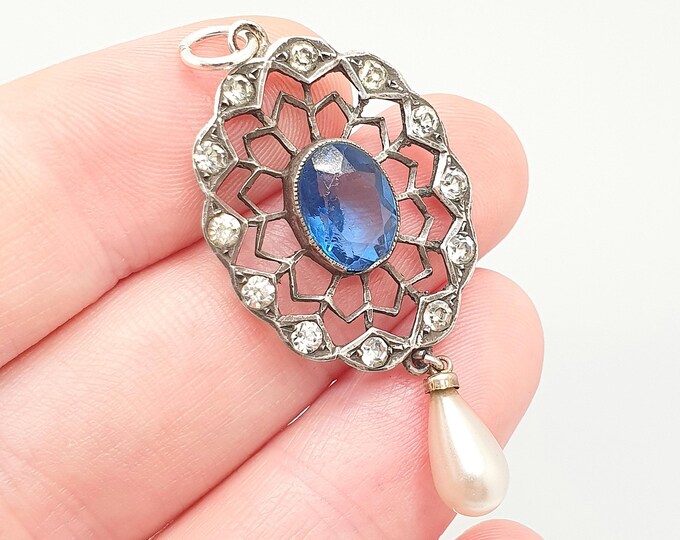 Antique Solid Silver Sapphire & Diamond Paste Pendant Necklace Faux ...