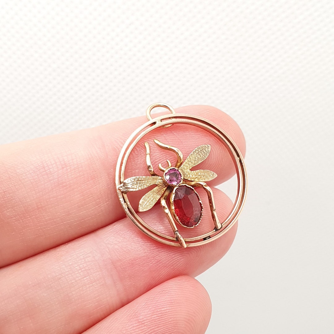 Antique 9ct 9k Gold Fly Pendant Necklace Amethyst Garnet Insect Bug ...