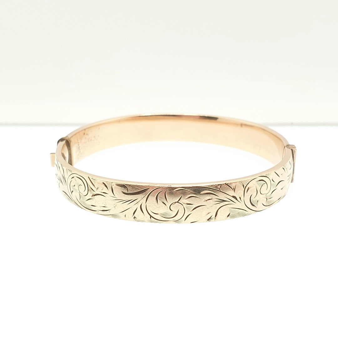 Old Vintage 9ct 9k Gold Metal Core Bangle Bracelet Snap Engraved 1960s ...