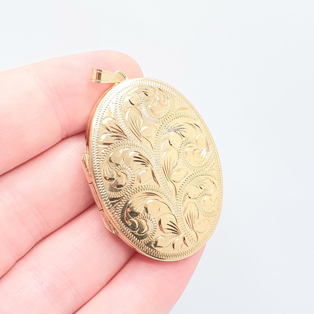 Vintage Gold on Sterling Silver Locket Large Big Pendant Oval Engraved ...