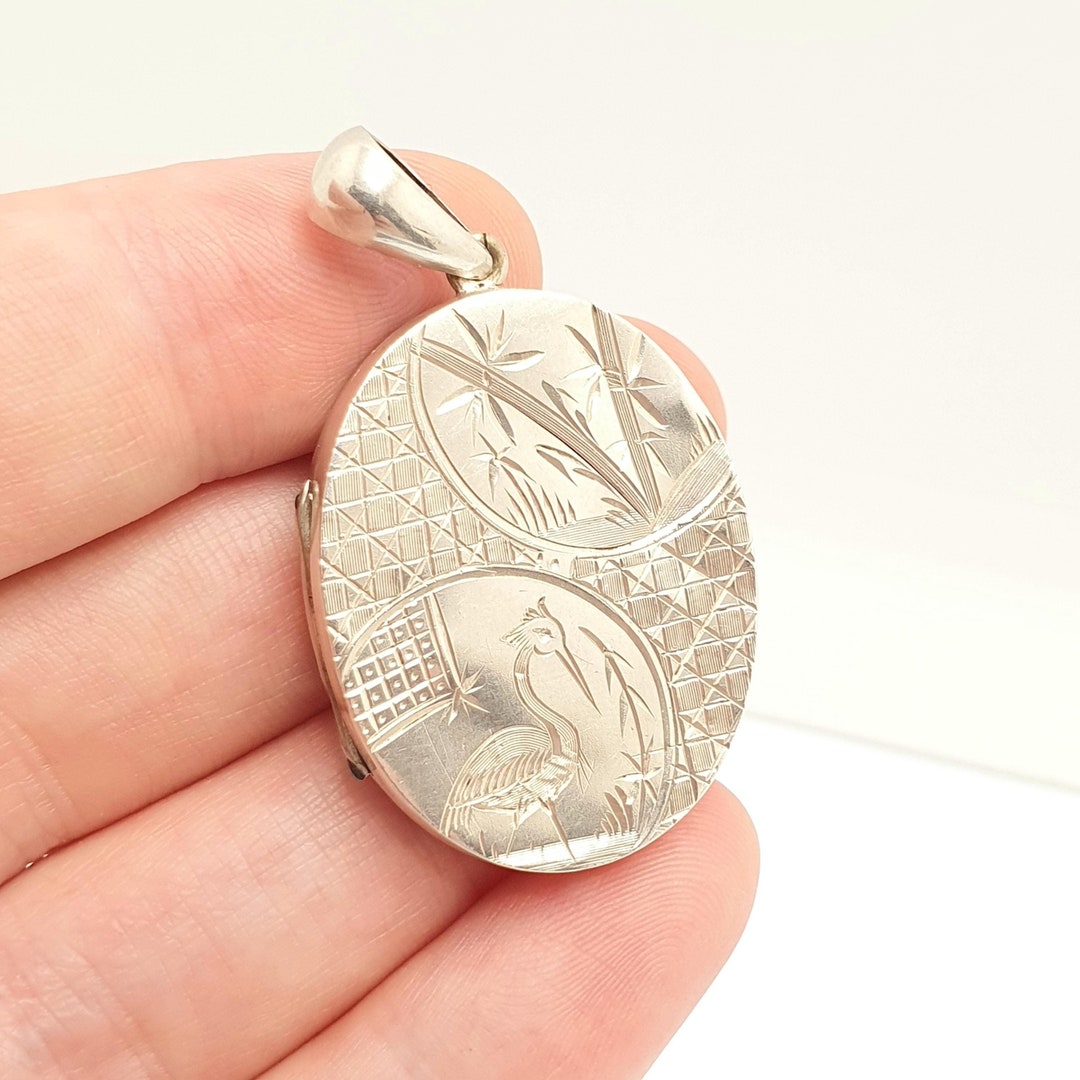 Antique Victorian Solid Silver Locket Bird Engraved Geometric Pendant ...