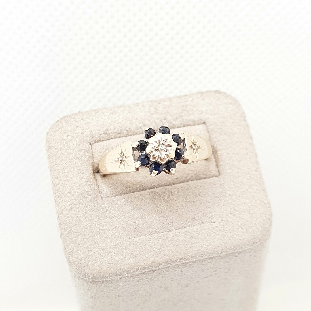 Vintage Diamond & Sapphire Gold Ring Solid 9ct 9k 375 Cluster 1990 ...