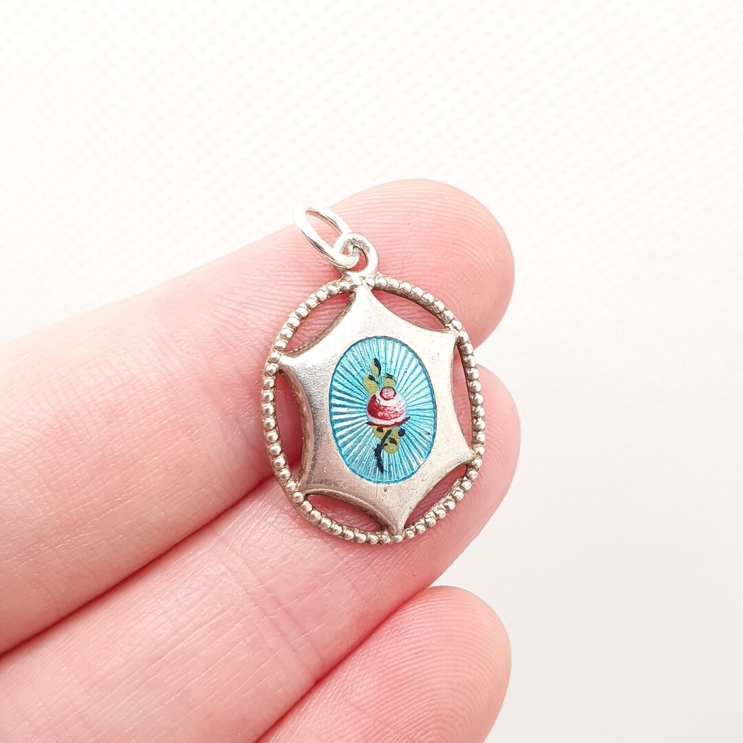 Antique CHARLES HORNER Sterling Silver Enamel Pendant Necklace Sky Blue ...