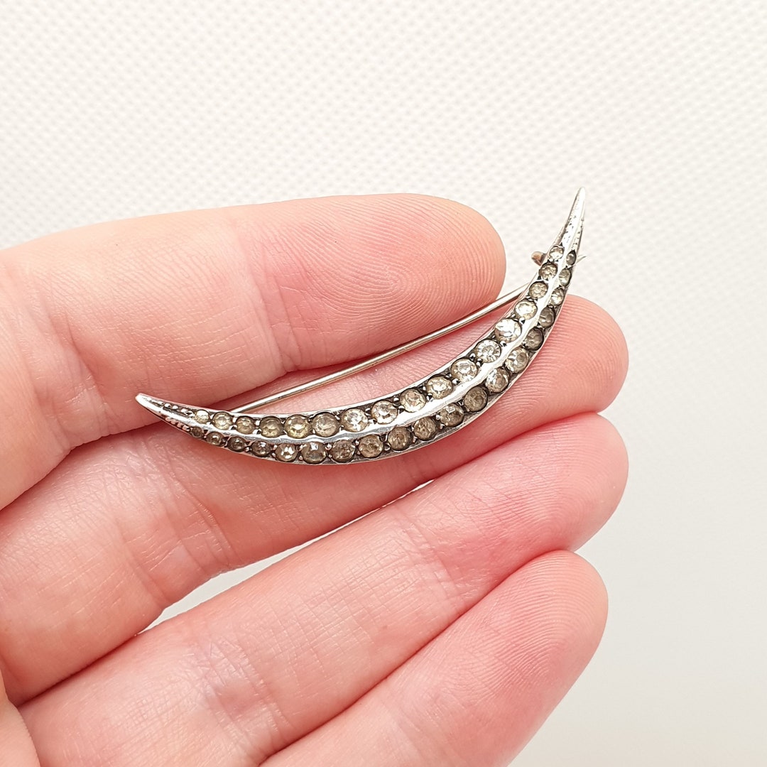Antique Solid Silver Diamond Paste Crescent Moon Brooch Victorian ...