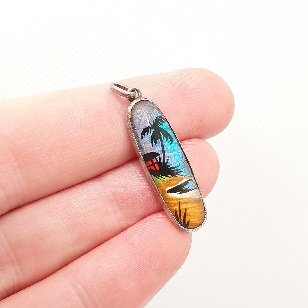 Antique Butterfly Wing Sterling Silver Pendant Palm Tree Beach Necklace ...