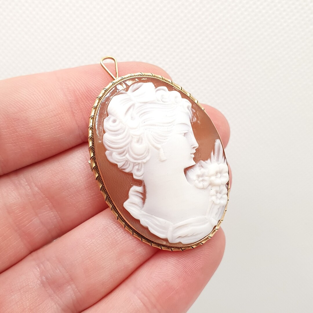 Vintage 18k 18ct Gold Cameo Pendant Necklace Brooch Solid 750 Large Big ...
