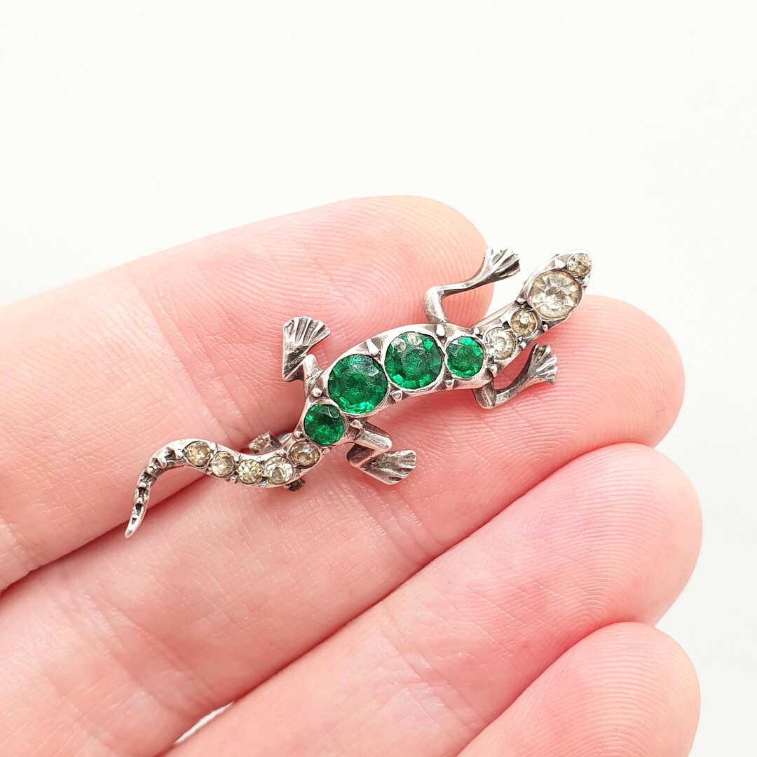 Antique Solid Silver Lizard Brooch Diamond & Emerald Paste Victorian ...