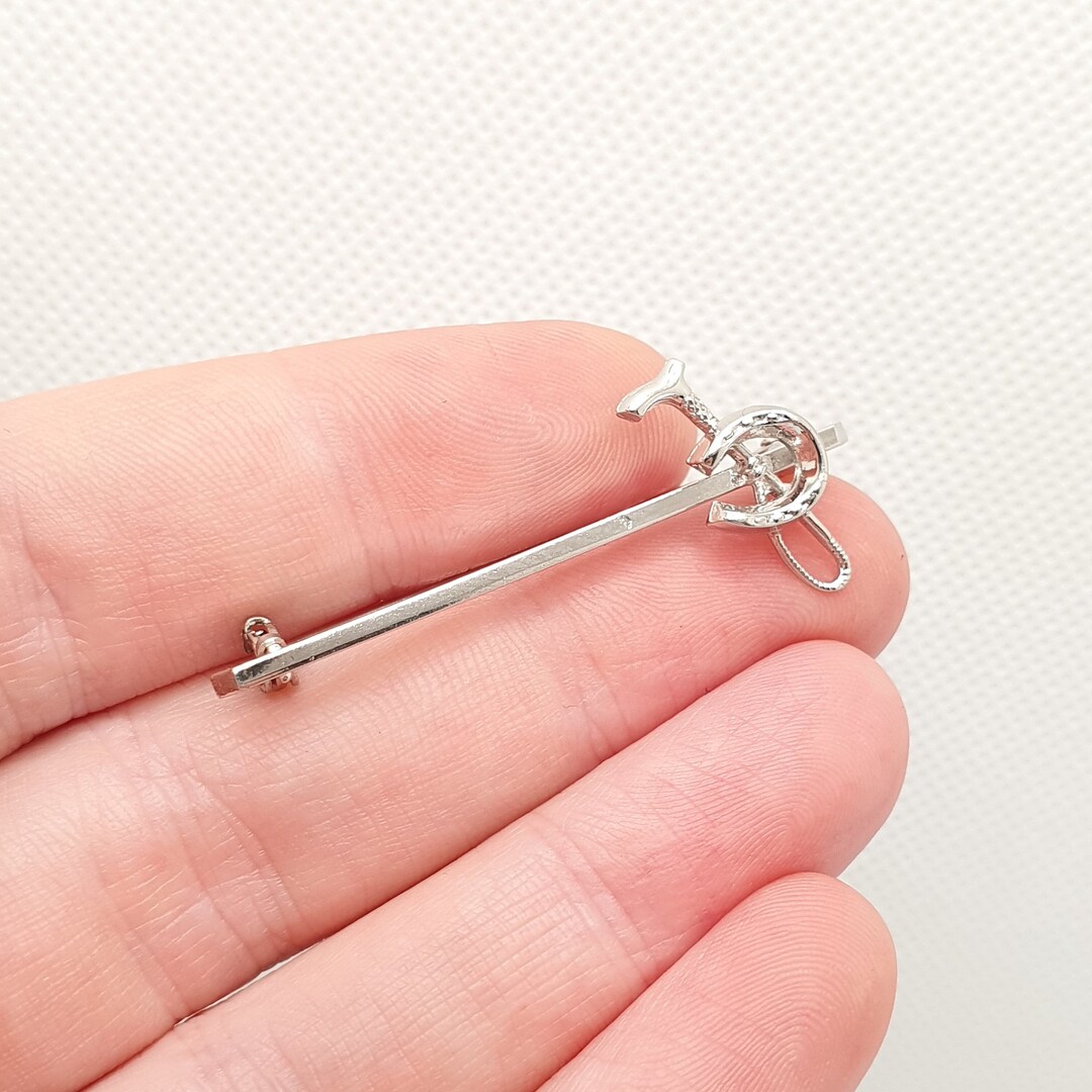 Old Vintage Sterling Silver Riding Crop Cane & Horseshoe Brooch Bar Pin ...