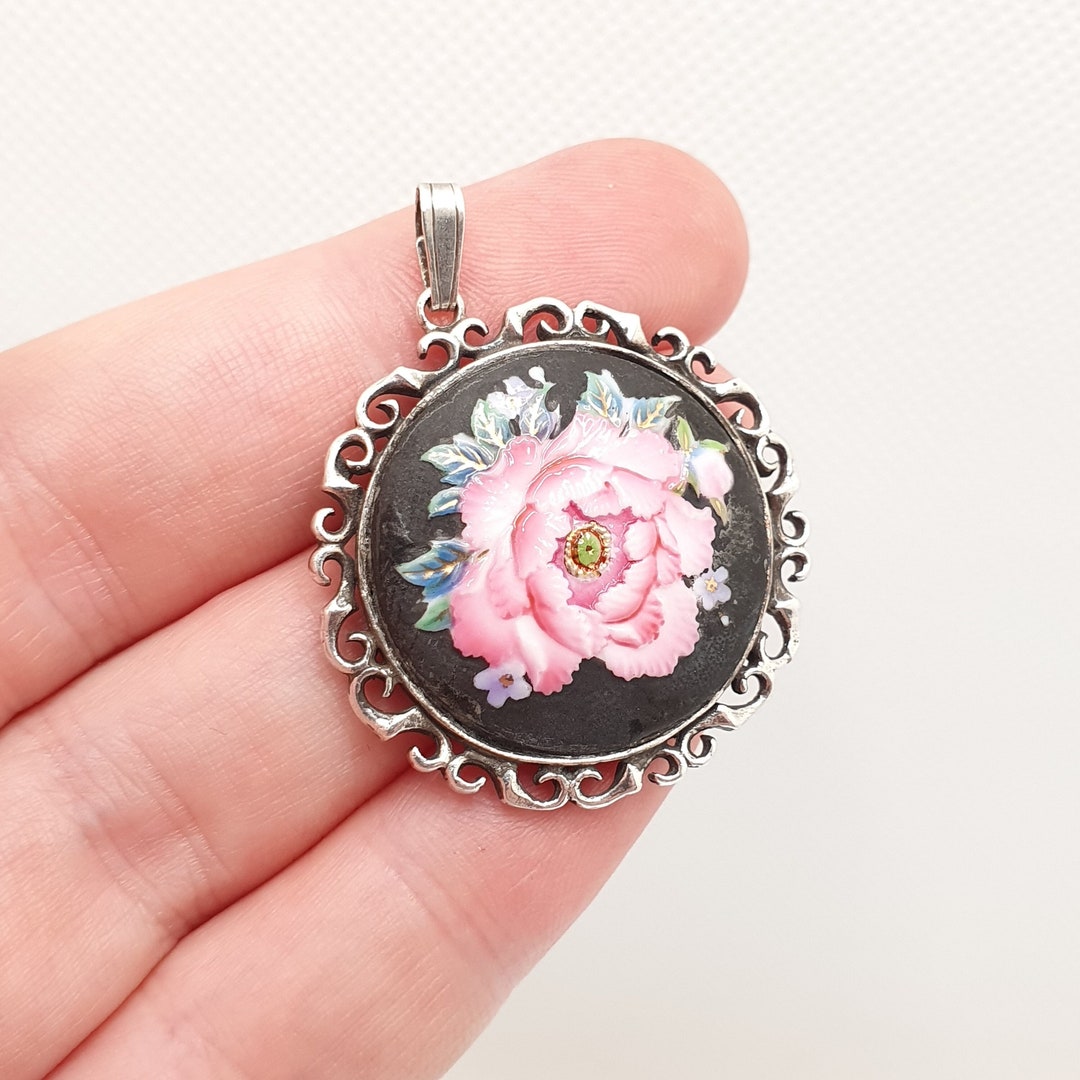 Vintage Toshikane Japanese Porcelain Necklace Pendant Sterling Silver ...
