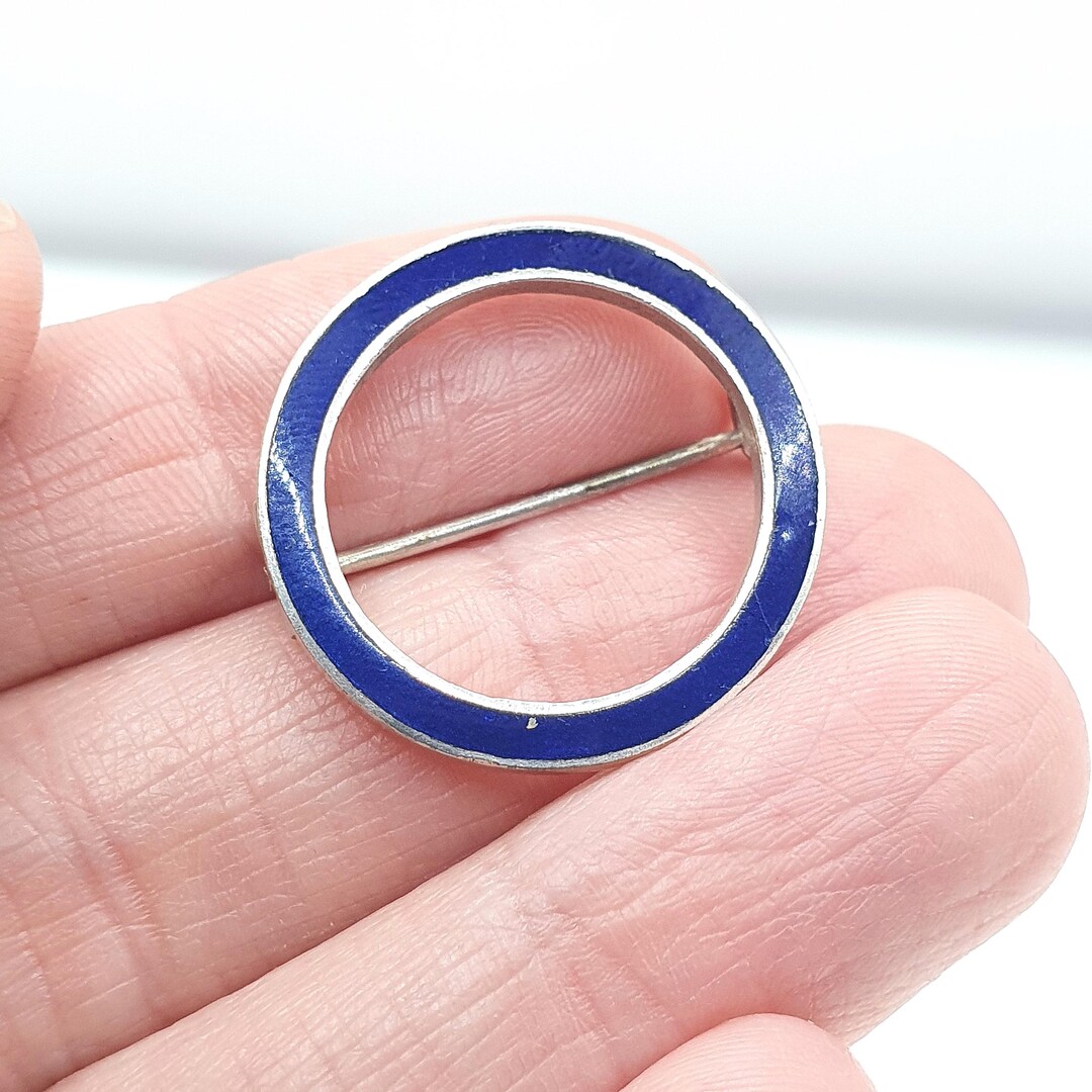 Antique Solid Silver Blue Enamel Circle Brooch Edwardian 1900s Round ...