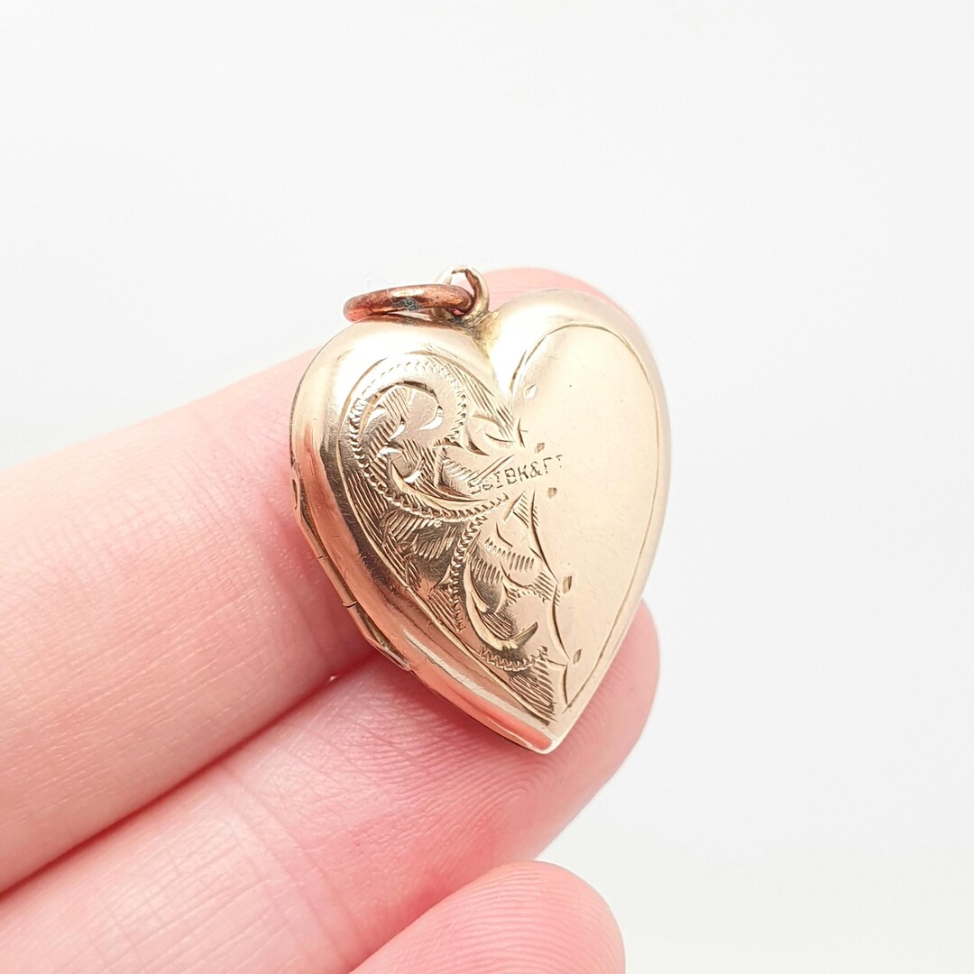 Antique 9ct Gold Heart Locket Cute Engraved Solid 9k 375 Pendant Fine ...