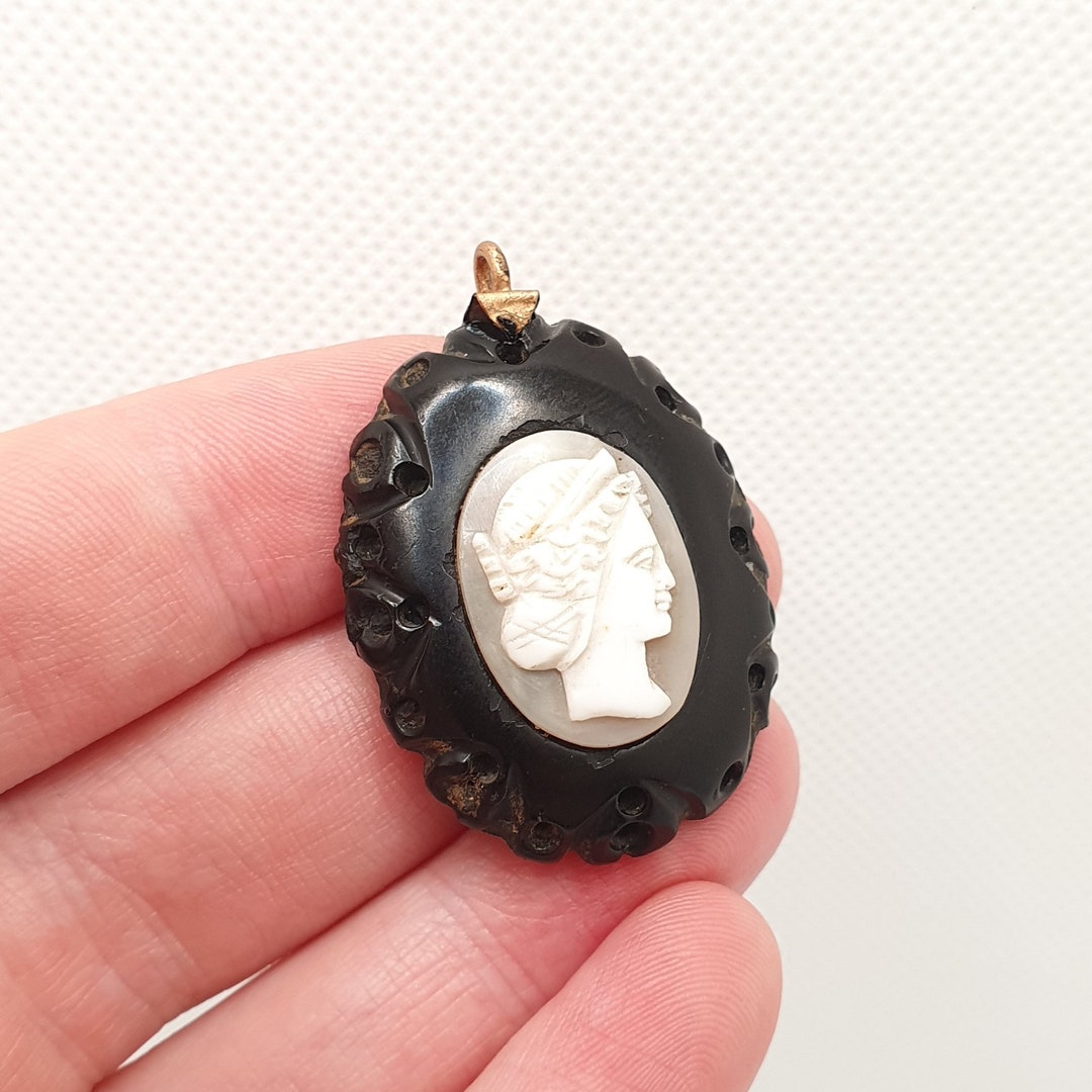 Antique Victorian Whitby Jet Cameo Pendant Necklace Genuine Shell Large ...