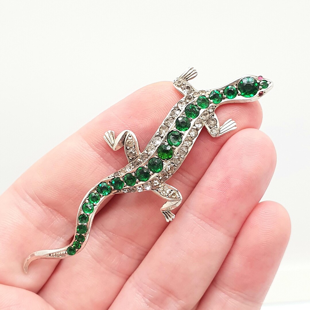 Antique Victorian Solid Silver Lizard Brooch Emerald & Diamond Paste ...