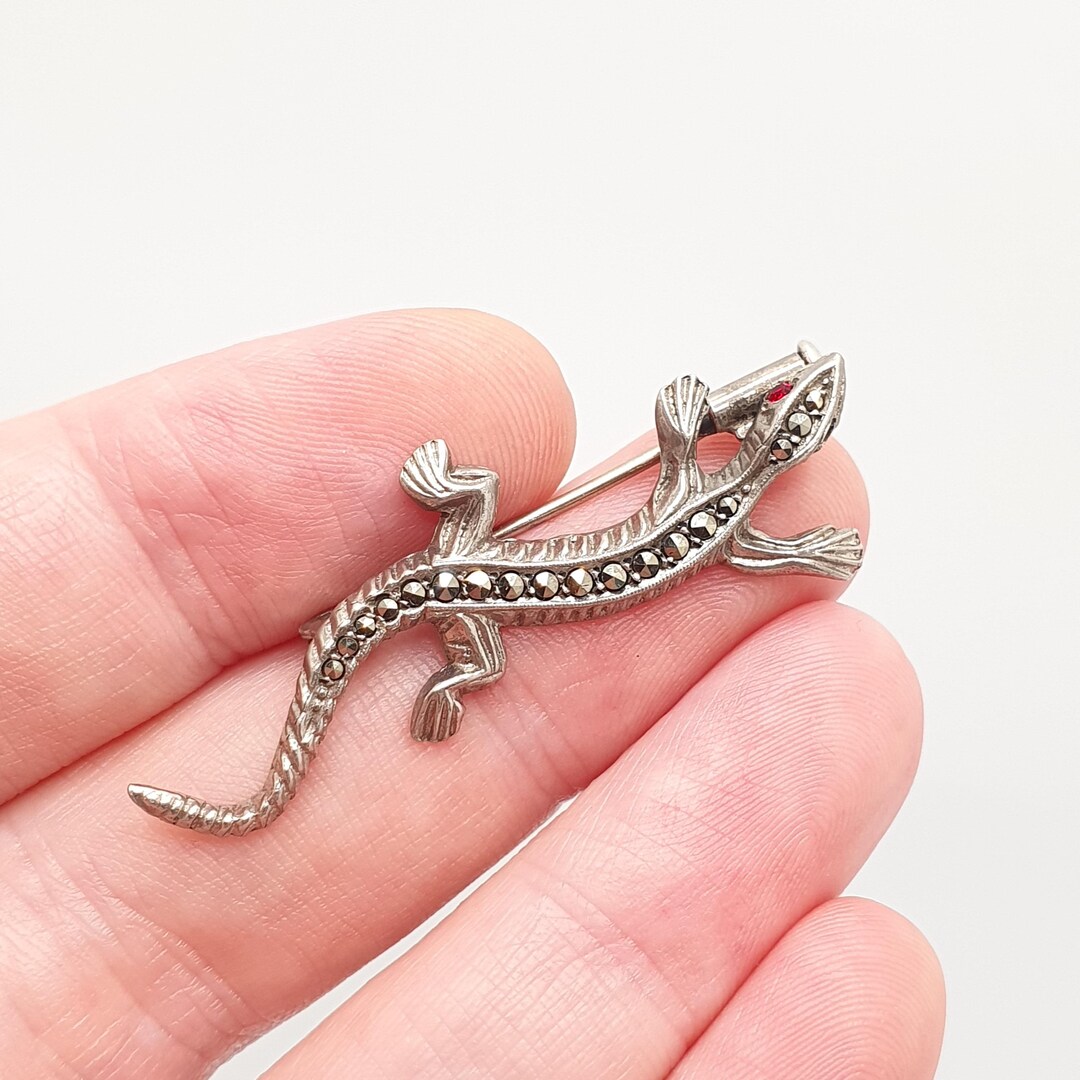 Antique Solid Silver Lizard Brooch Marcasite Ruby Paste Eyes 1920s ...