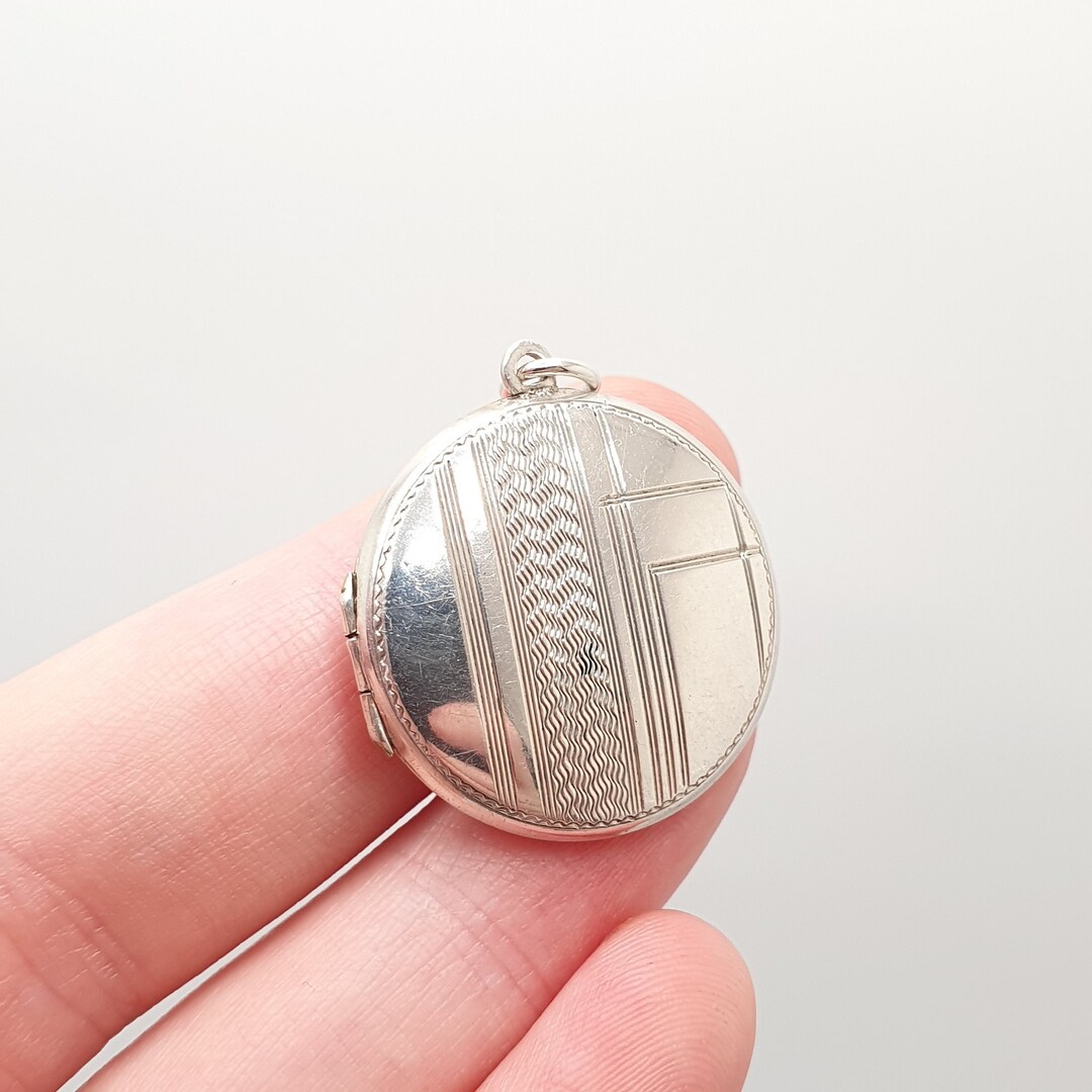 Antique Solid Silver Locket Art Deco Geometric Pattern Round Circle ...