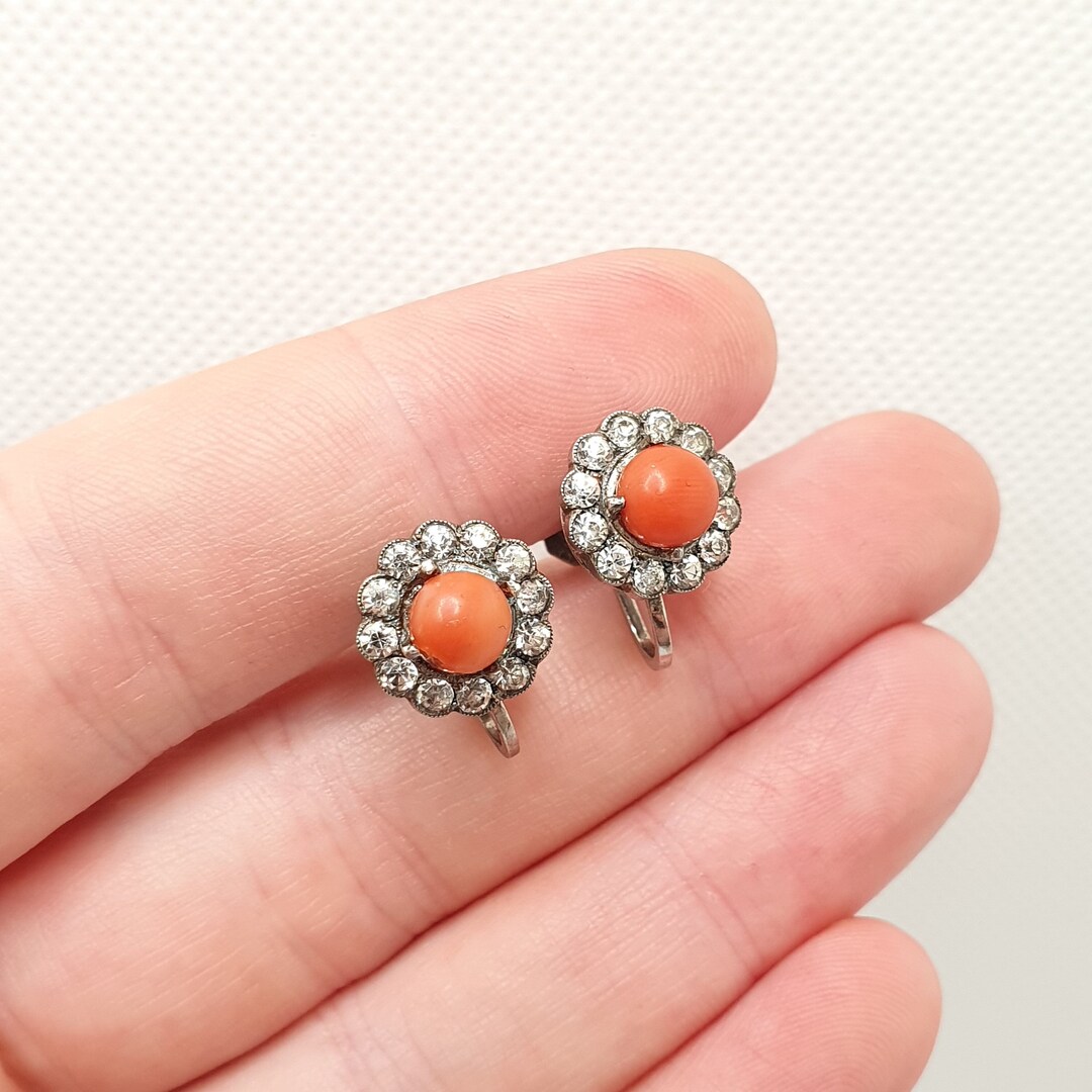 Antique Sterling Silver Coral Diamond Paste Earrings SCP Ciro Art Deco ...
