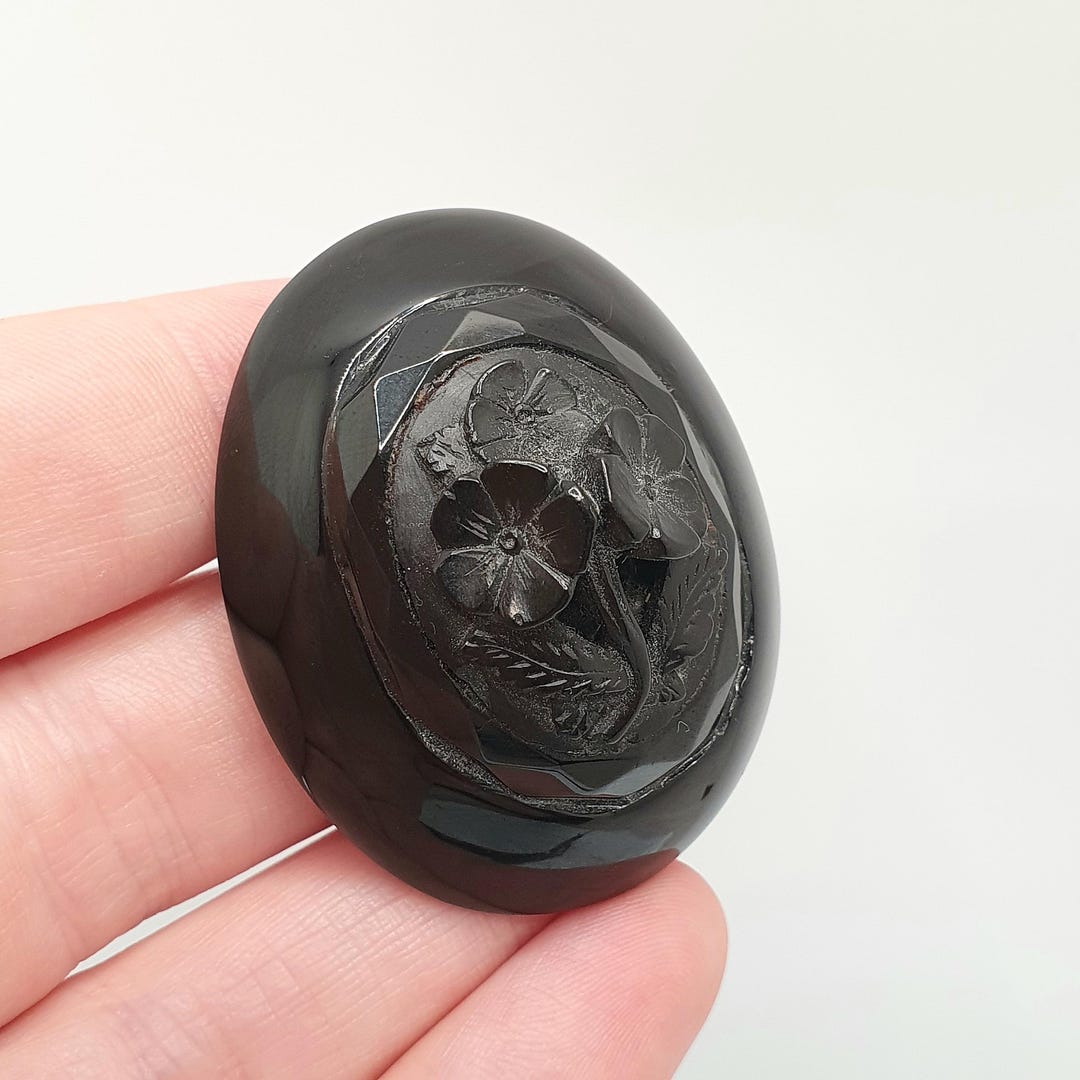 Antique Victorian Whitby Jet Brooch Pin Cameo Flower Large Big Mourning ...
