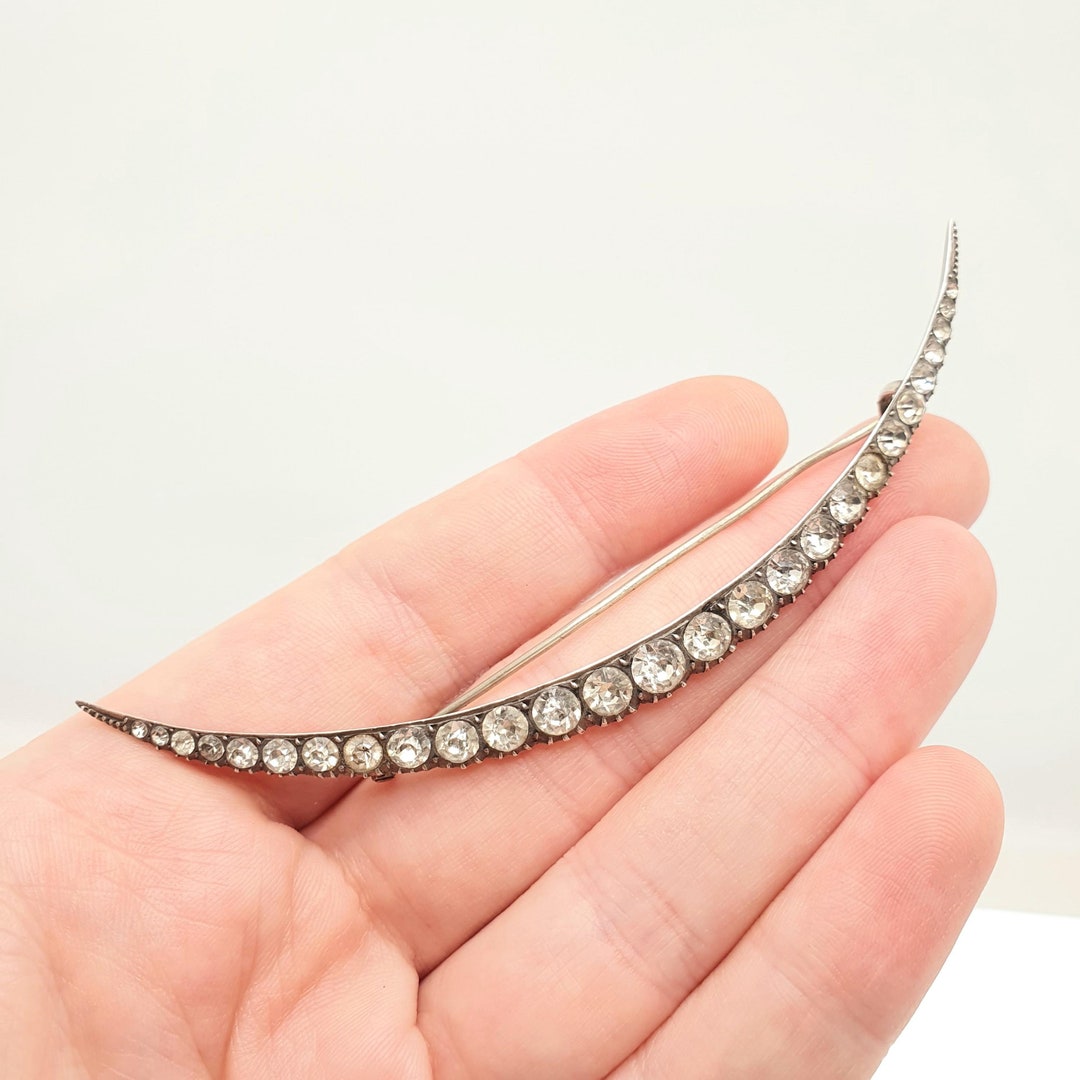 Antique Sterling Silver Crescent Moon Brooch Diamond Paste Large Big ...