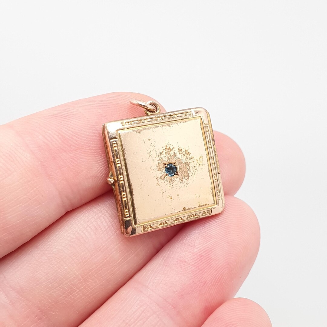 Antique Rolled Gold Square Locket Sapphire Paste Necklace Pendant Gold ...