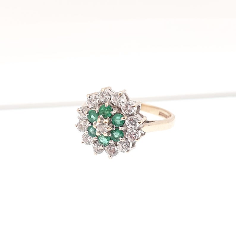 Vintage 9k Gold Emerald Ring Cluster CZ Cubic Zirconia Solid 9ct 375 ...