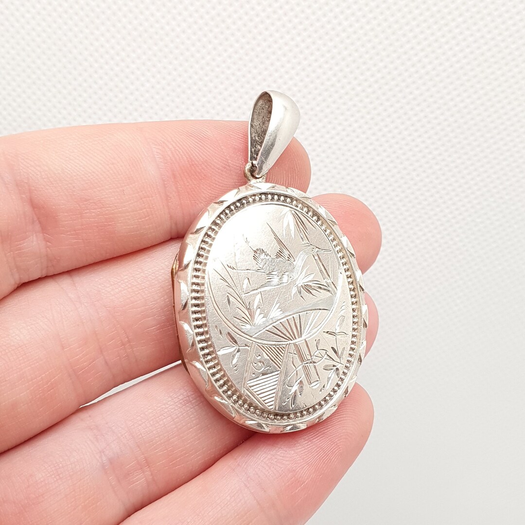 Antique Victorian Sterling Silver Locket Bird Engraved Geometric ...