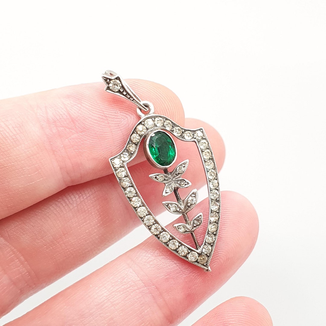 Antique Solid Silver Diamond Emerald Paste Necklace Shield Pendant ...