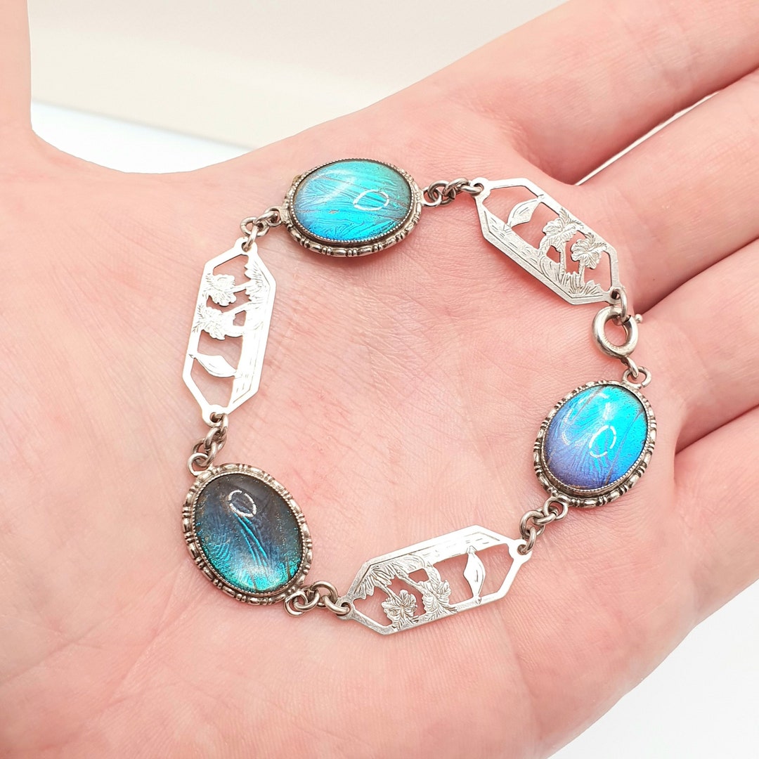 Antique Art Deco Sterling Silver Butterfly Wing Bracelet TLM Hand Blue ...