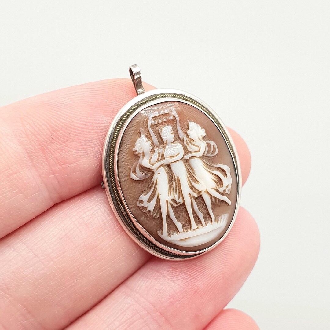 Antique Solid Silver Three Graces Cameo Necklace Pendant Brooch Grace ...