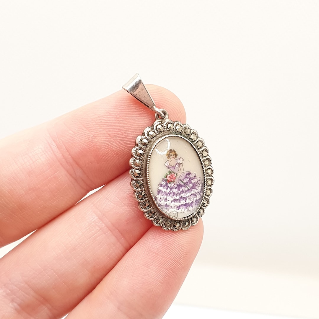 Antique Sterling Silver Hand Painted Pendant Thomas Mott TLM Portrait ...