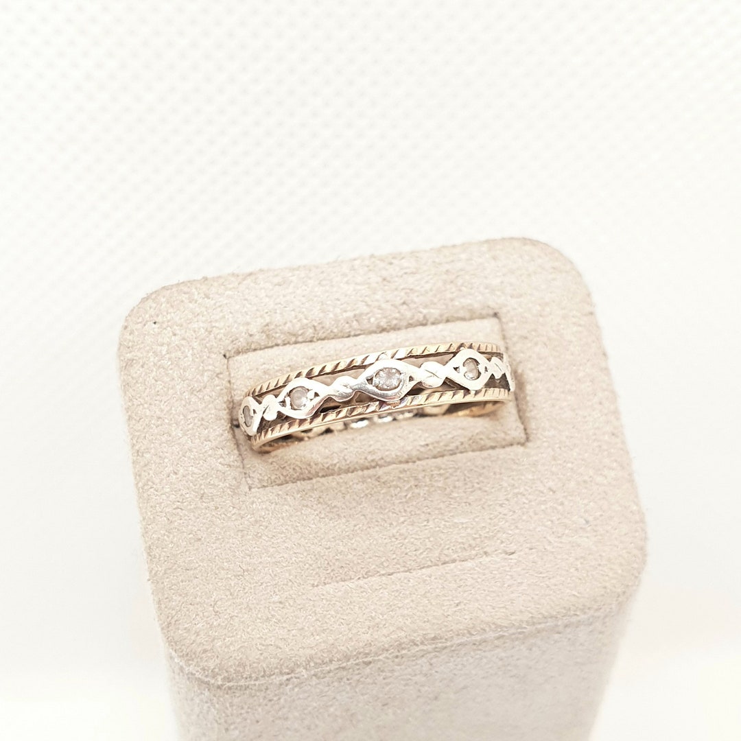 Vintage Solid 9ct Gold Full Eternity Ring White Spinel 9k 375 Yellow Zig Zag Band 1981 Hallmark ...