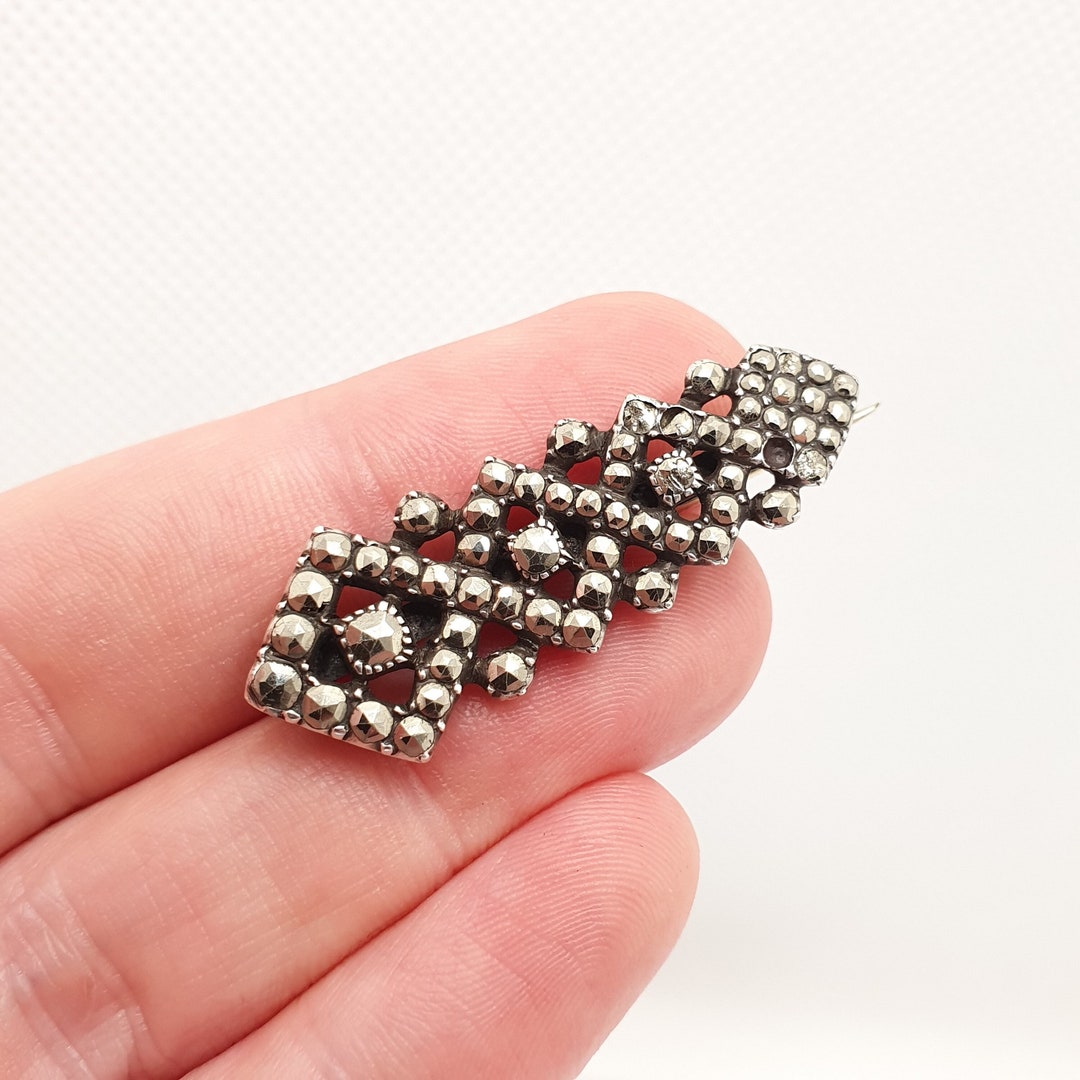 Antique Art Deco Solid Silver Brooch Marcasite Geometric Tilted Square ...