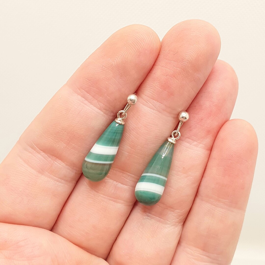 Antique Solid Silver Green Agate Earrings Teardrop Conical Banded ...
