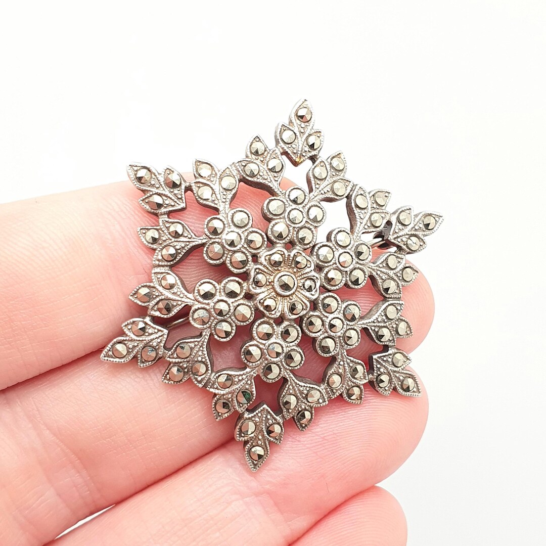 Antique Sterling Silver Snowflake Brooch Marcasite Pin Art Deco Snowy ...