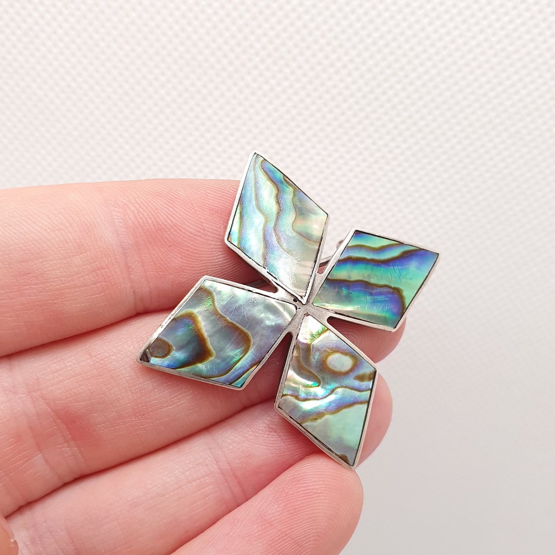 Antique Sterling Silver Abalone Cross Star Brooch Pin New Zealand Shell ...
