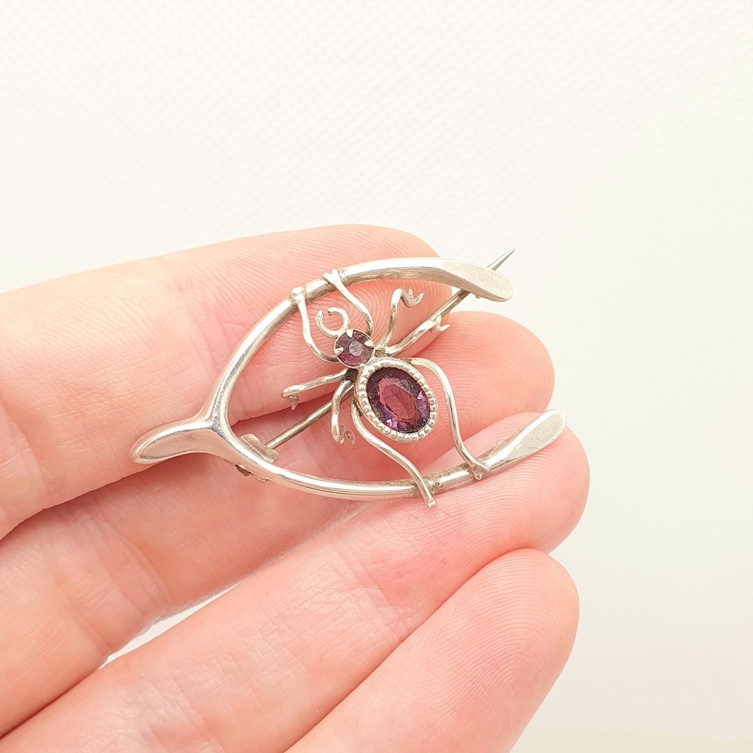 Antique Solid Silver Spider Brooch Wishbone Amethyst Paste Lucky Solid ...