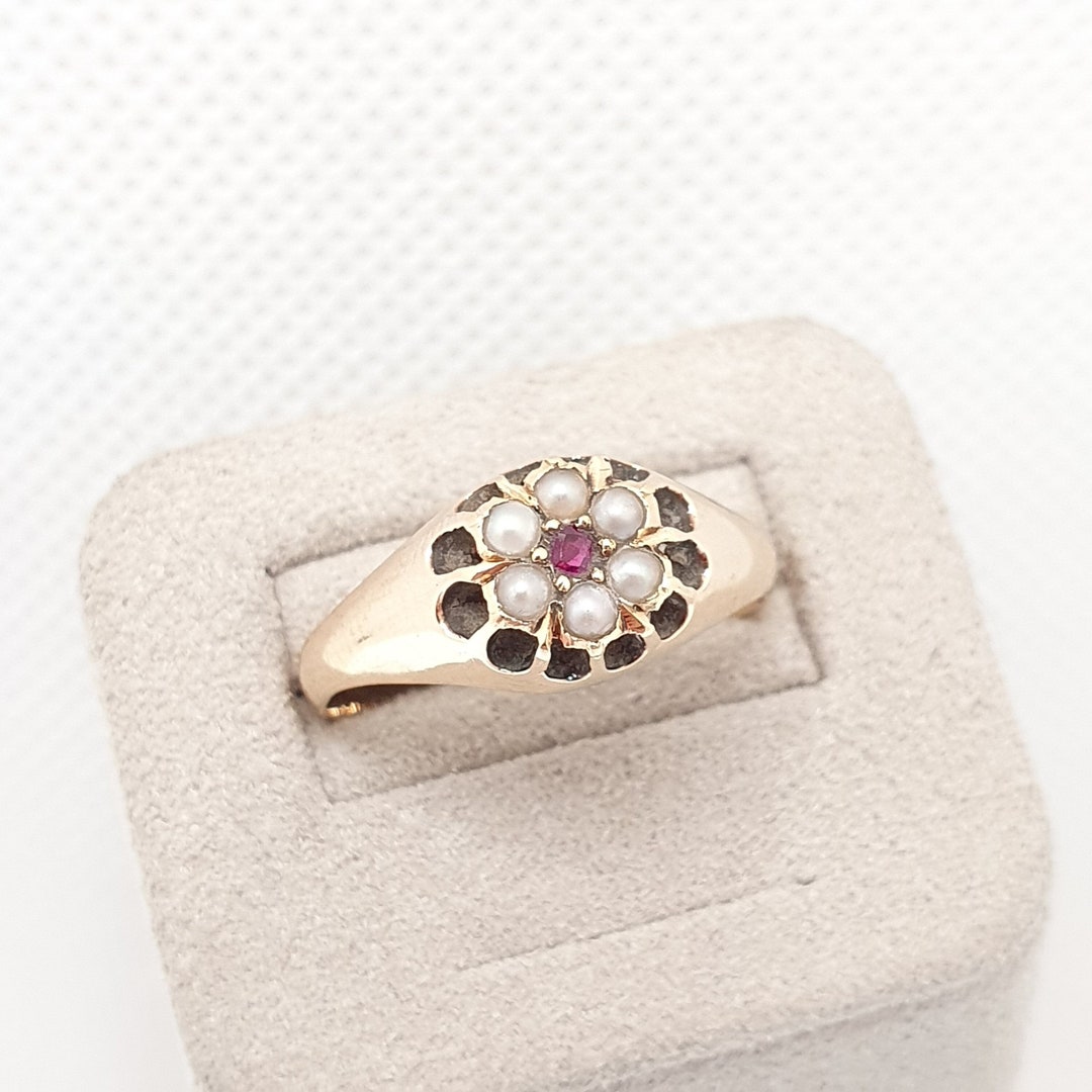 Antique Victorian 14k Gold Ruby Ring Seed Pearl Cluster Solid 14kt 585 ...