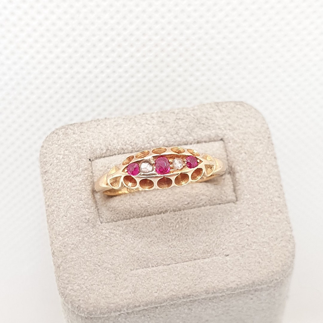 Antique 18ct 18k Gold Ruby & Diamond Ring Solid 750 1908 Hallmarked Edwardian 5 Stone Gypsy Fine ...