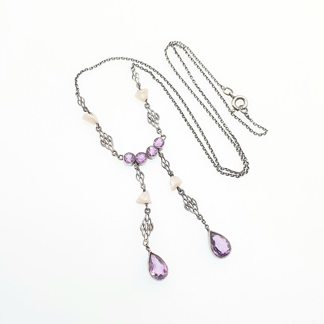 Antique Arts & Craft Sterling Silver Amethyst Necklace Lavalier Lariat ...