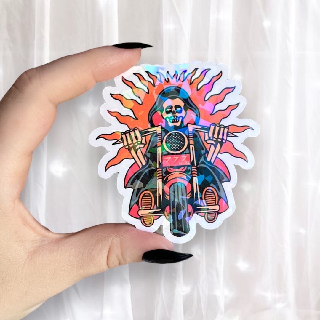 Vintage Motorcycle Skelton Death Rider Sticker Holographic Kindle Car ...