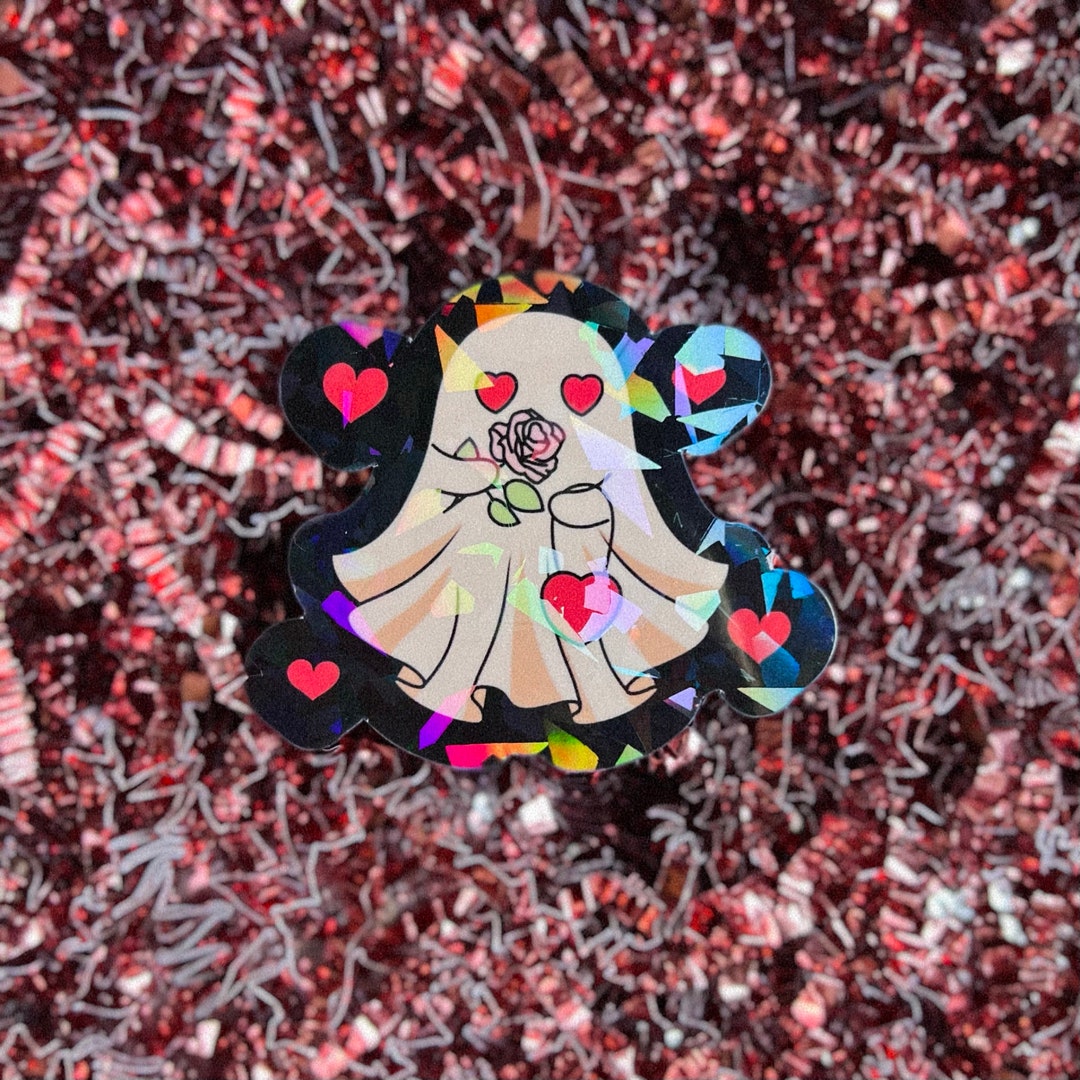 Ghost Valentines Day Love Sticker Hearts Pink Rose Holographic - Etsy