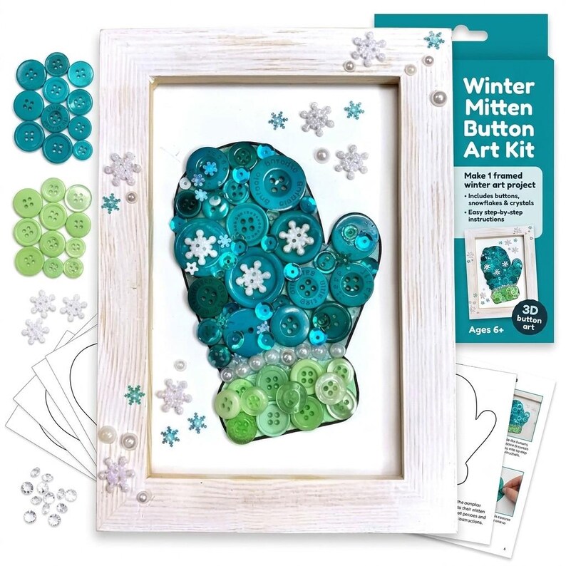 Button Art Frame Kit, Winter Mitten Design With Snowflakes, Wood Frame ...