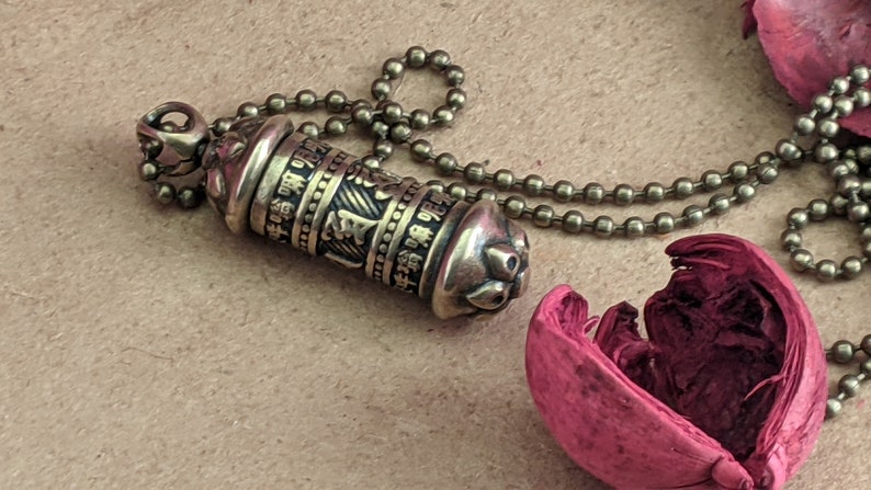 Tibetan Om Mani Brass Pendant: Prayer Wheel Keepsake With Chain, Bag ...