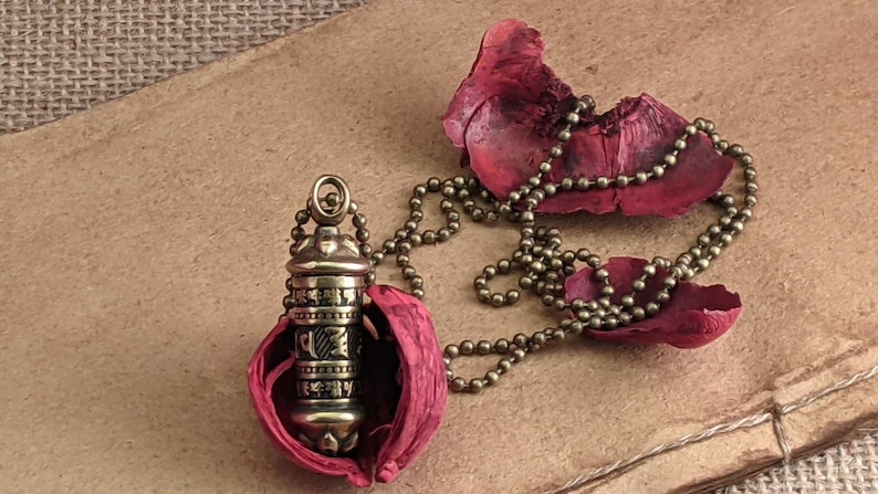 Tibetan Om Mani Brass Pendant: Prayer Wheel Keepsake With Chain, Bag ...
