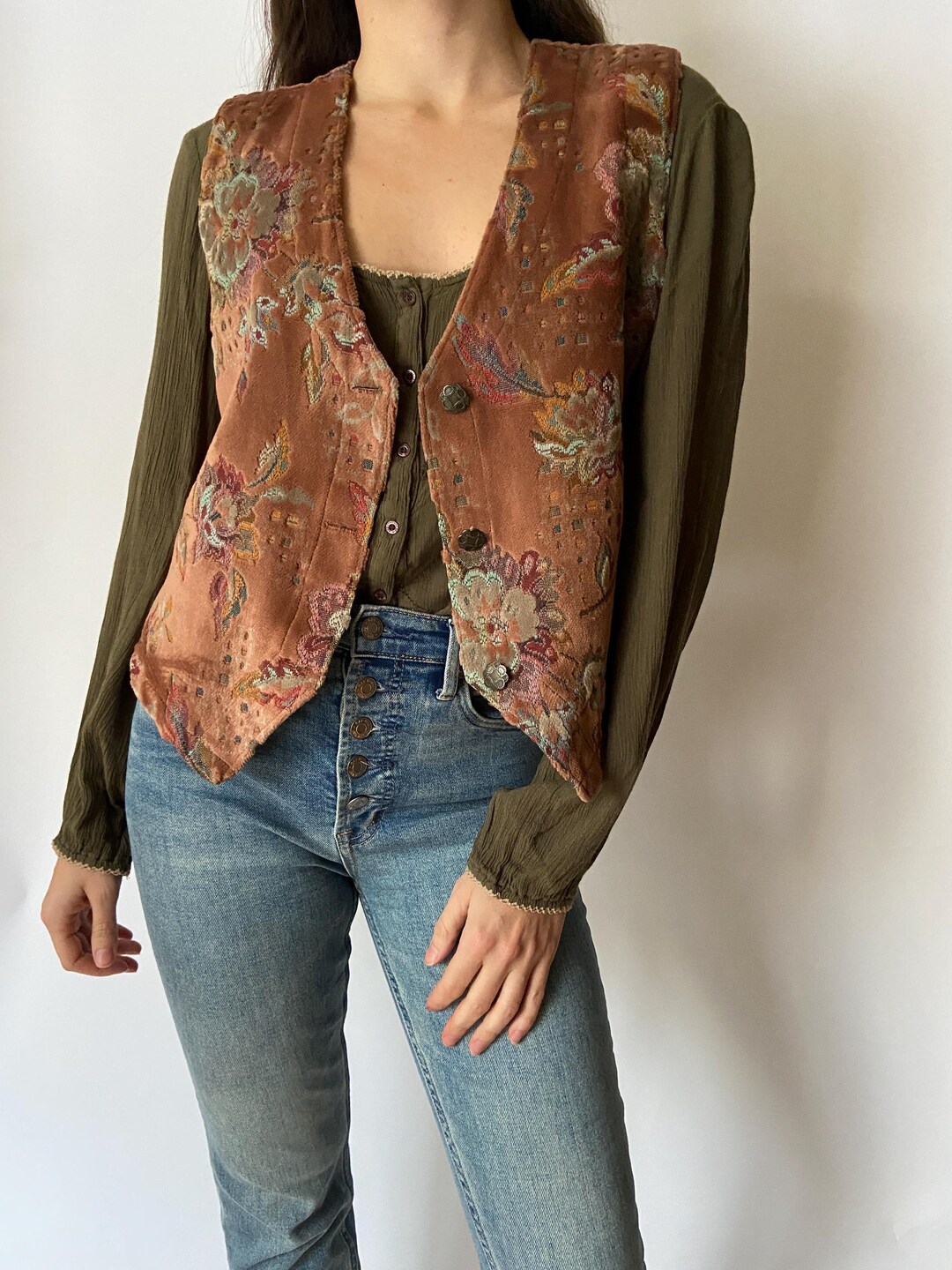 Vintage 70s Look Floral Tapestry Vest / 80s 90s Boho Hippie Vest / Made ...
