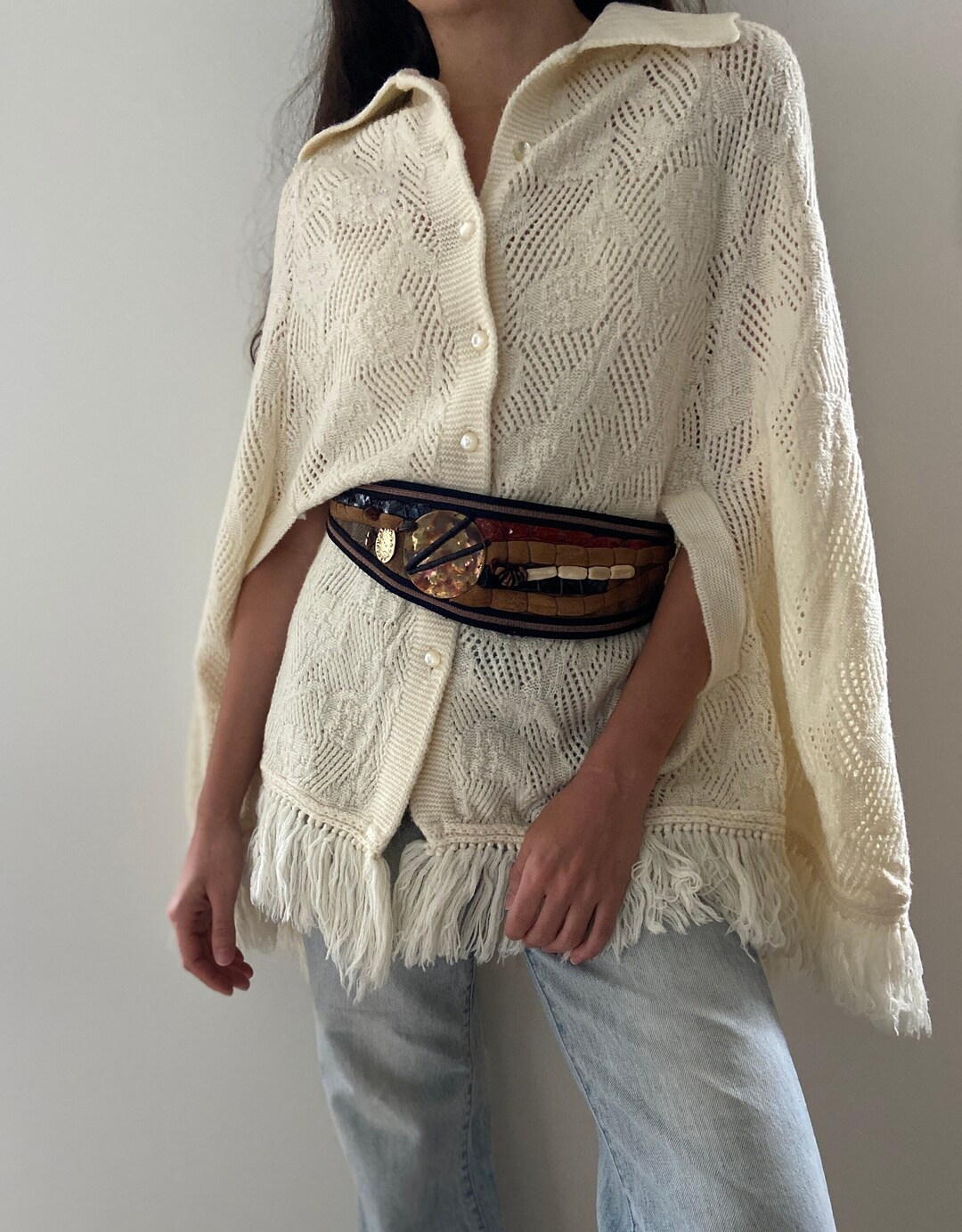 Vintage 70s Off-white Fringed Poncho / Boho Hippie Poncho / Knit Johnny ...
