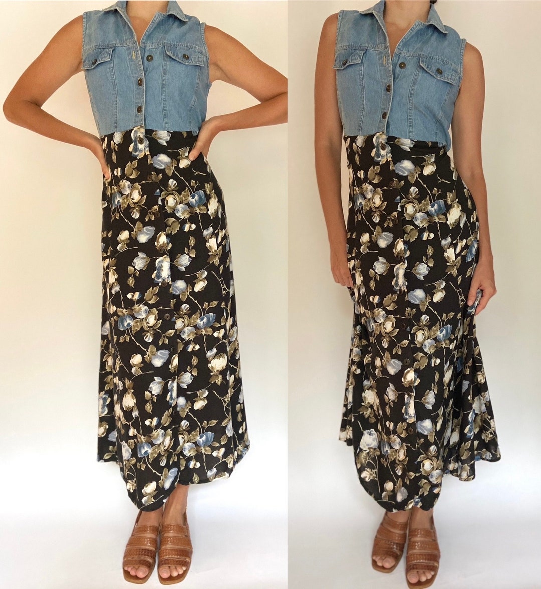 90s Button-down Floral Denim Dress / Next Issue Maxi Grunge Dress ...