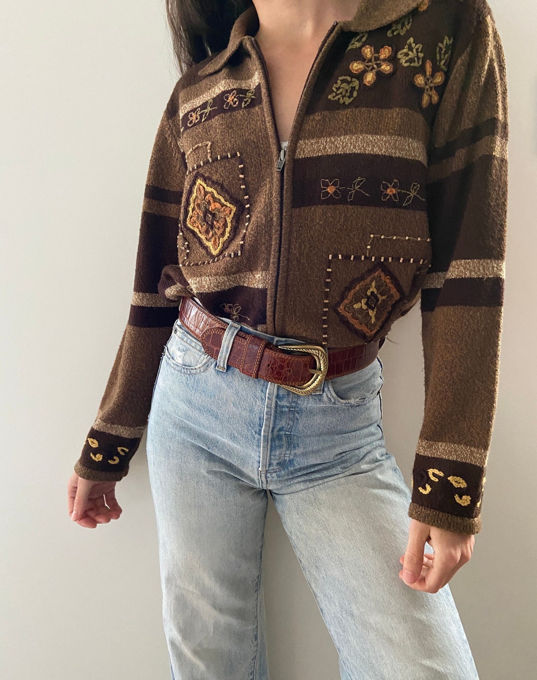Vintage Cottagecore Flower Embroidered Zip-up Sweater / 90s Brown ...